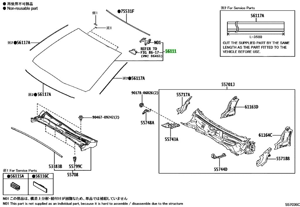 Buy Genuine Toyota 561013F950 (56101-3F950) Glass, Windshield. Photos ...