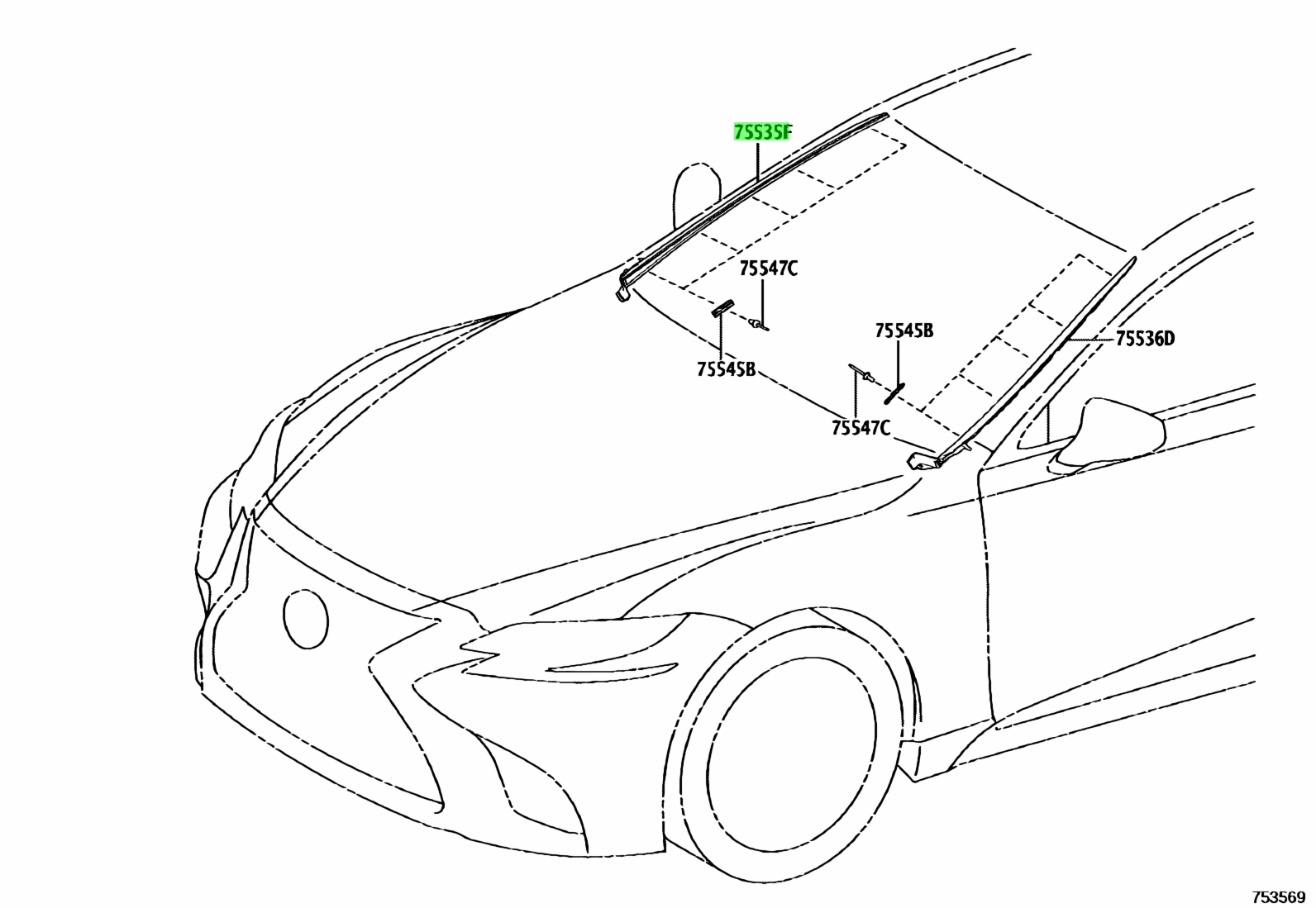 Buy Genuine Toyota 7553550040B2 (75535-50040-B2) Moulding, Windshield ...