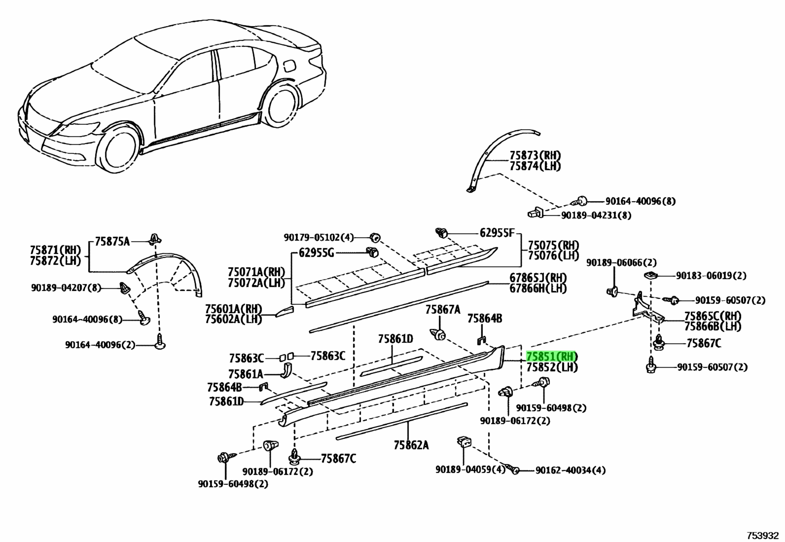 Buy Genuine Toyota 7585150060A0 (75851-50060-A0) Moulding, Rocker Panel ...